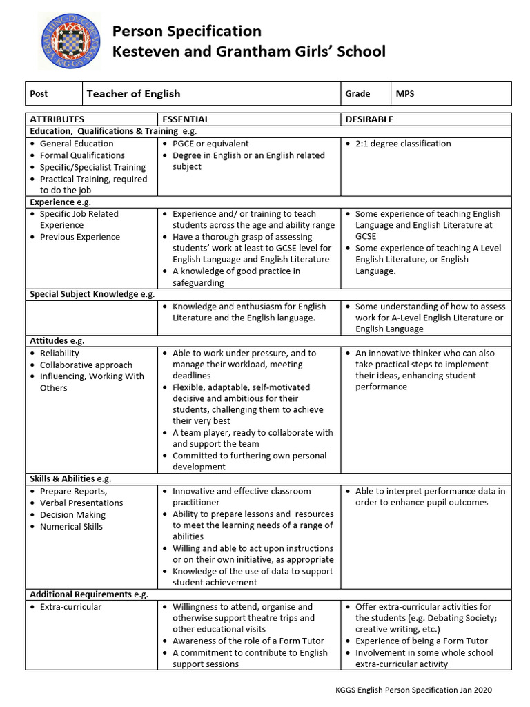 1579100313english Person Spec Jan 2020 | PDF | English Language | Teachers