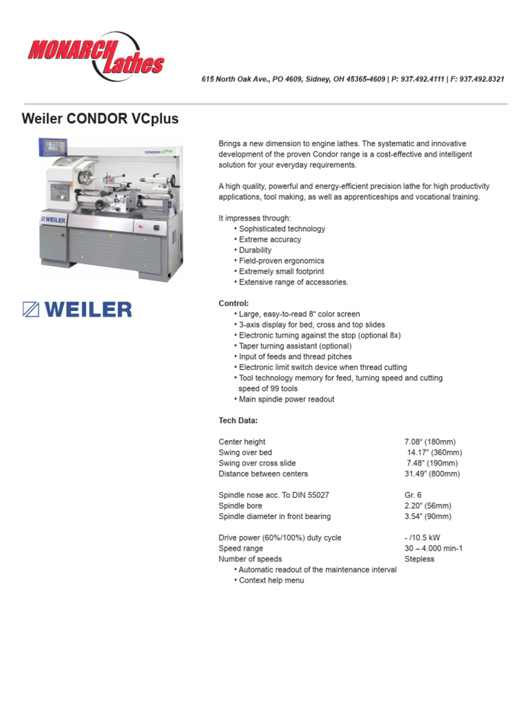 Weiler CONDOR VCplus Precision Lathe | PDF | Machining | Tools