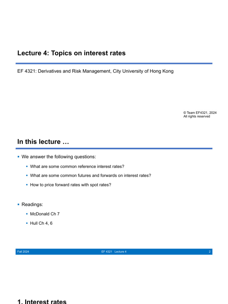 EF4321 F2024 Lecture 4 - Topics On Interest Rates | PDF | Futures ...