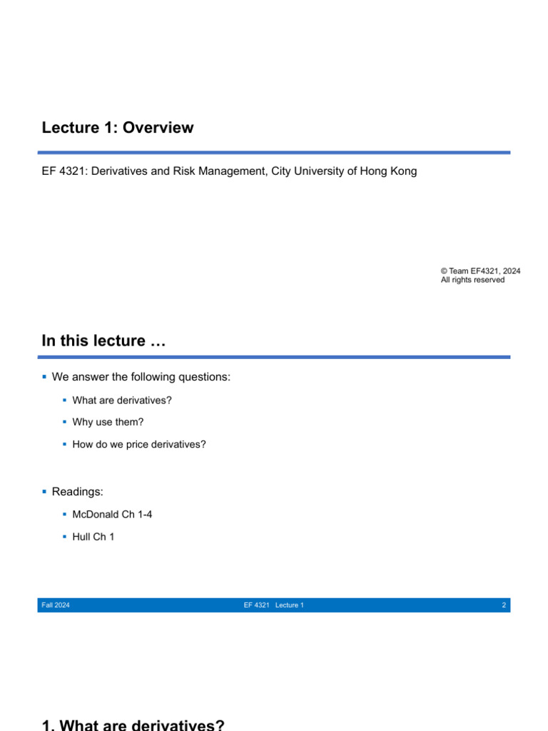 EF4321 F2024 Lecture 1 - Overview | PDF | Arbitrage | Derivative (Finance)