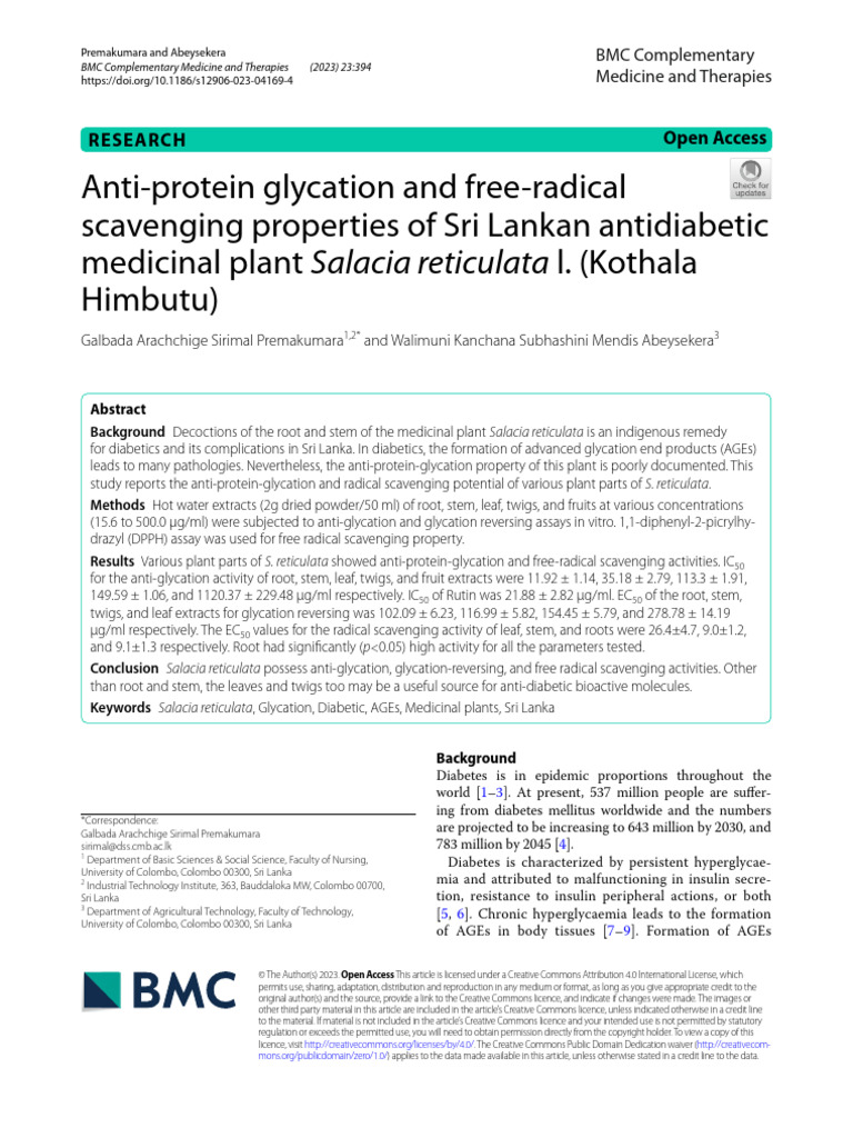 2023 - Protein Glycation - Salacia - BMC | PDF | Biochemistry | Chemistry