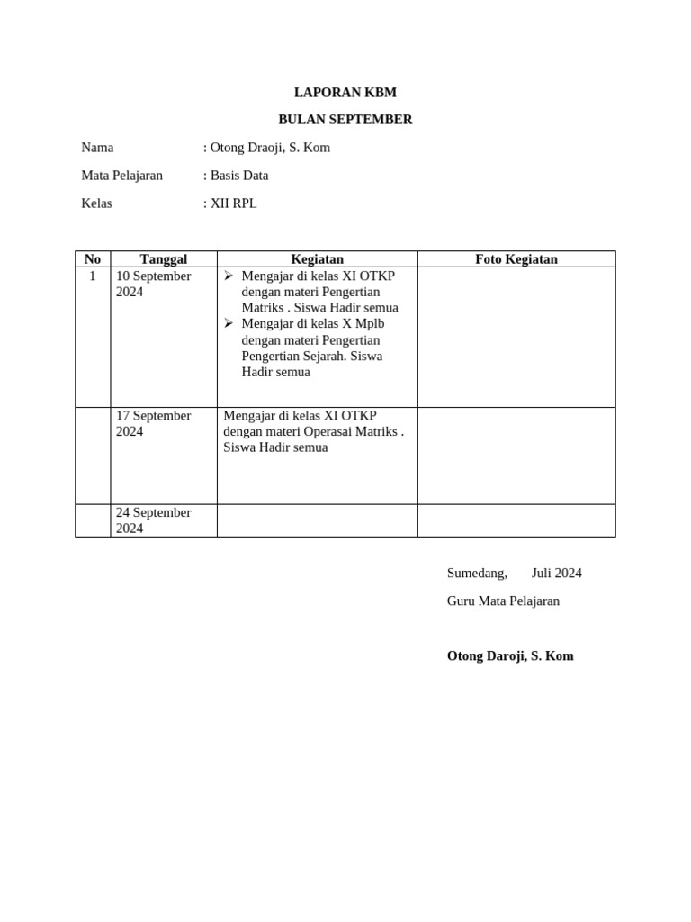 Laporan KBM - Basis Data Xii RPL | PDF