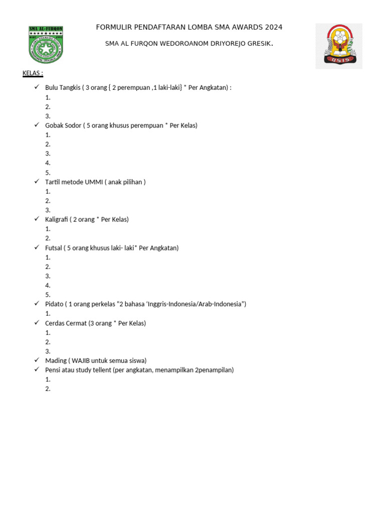 FORMULIR PENDAFTARAN LOMBA SMA AWARDS 2024 | PDF