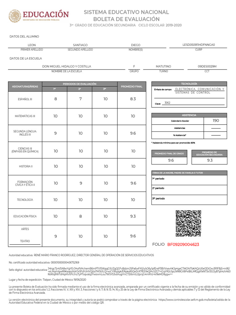 Boleta de Evaluación Secundaria 2020 | PDF | Educación Secundaria