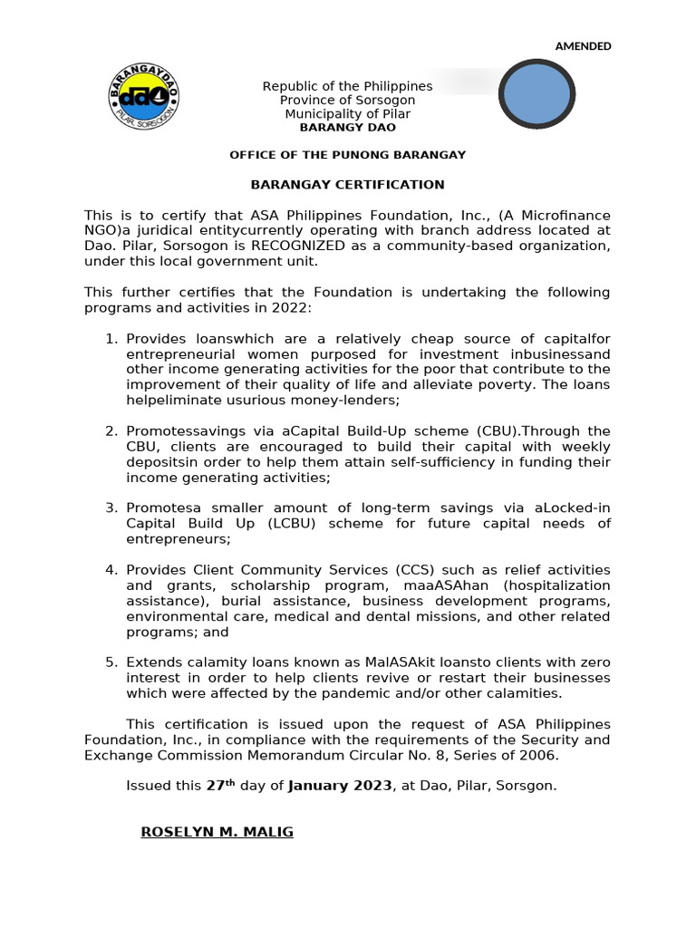 Amendment Format of Brgy Certification Final | PDF