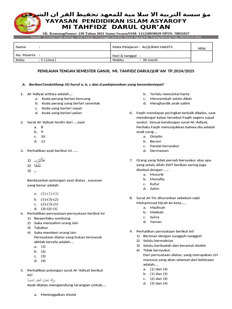 Soal Mid Ganjil Qurdis Kelas 5 Tp24-25 | PDF