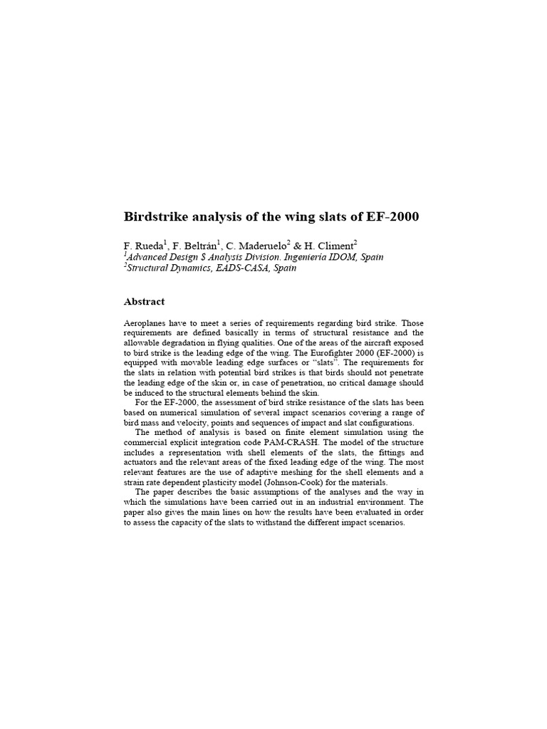 Birdstrike Analysis of The Wing Slats of EF-2000 | PDF | Force ...