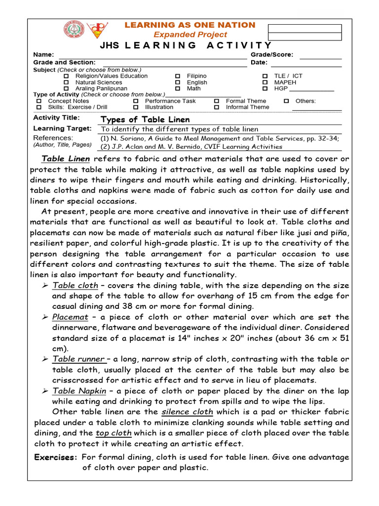 TLE 7 LAS 3 Types of Table Linen | PDF | Linens | Tableware