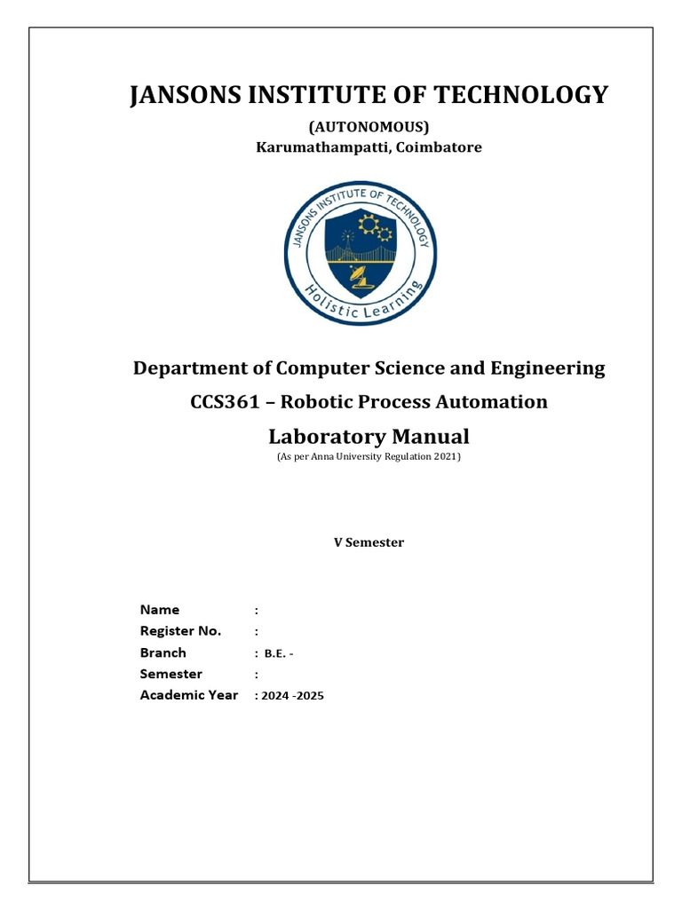 CCS361 Robotic Process Automation Manual | PDF | Automation | Parameter ...