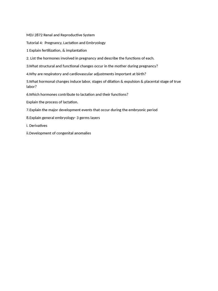 Tutorial 4 Pregnacy, Embryonic Development Lactation | PDF