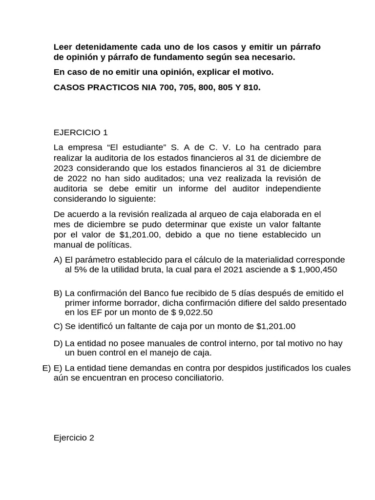 Ejercicios (Proyecto Final) | PDF | Auditoría | Economias