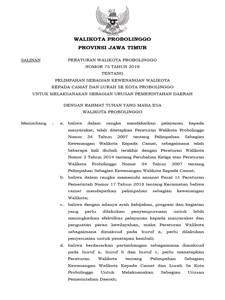 Perwali. No. 75 TH 2019 - Pelimpahan Kewenangan Walikota Ke Camat | PDF