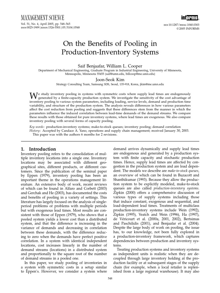 7.on The Benefits of Pooling in | PDF | Inventory | Supply Chain