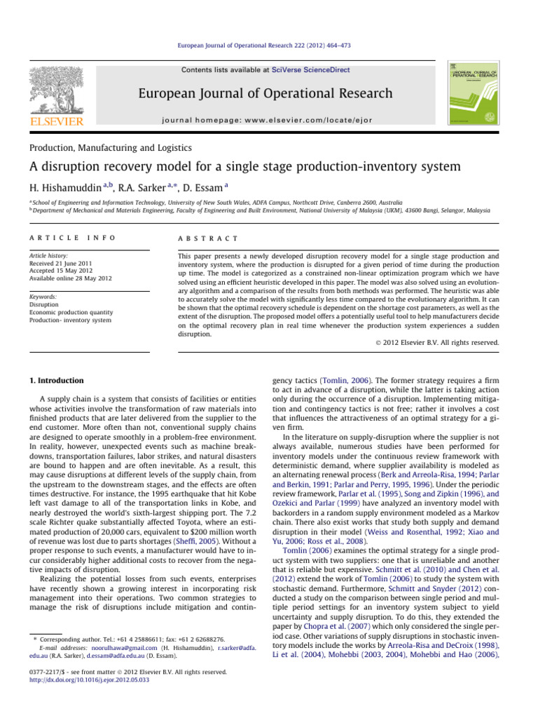 14. a Disruption Recovery Model for a Single | PDF | Supply Chain ...