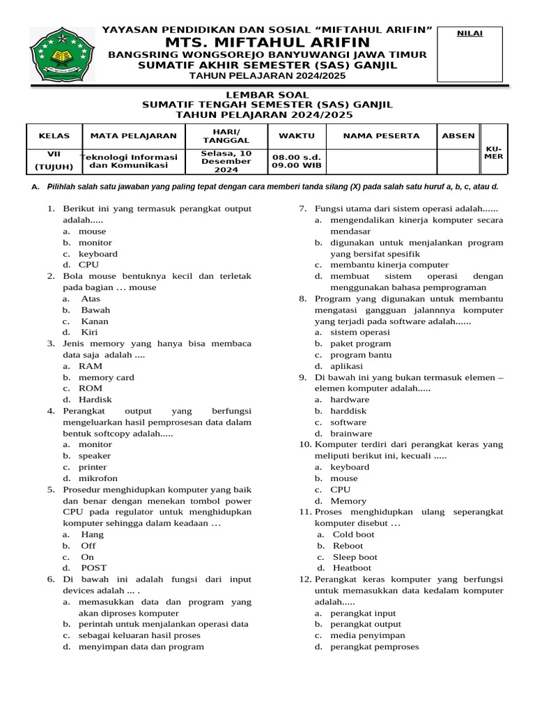 Soal Sas Ganjil Tik 7 | PDF