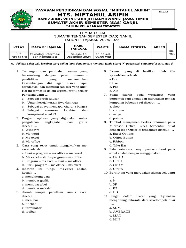 SOAL SAS GANJIL TIK 8 | PDF