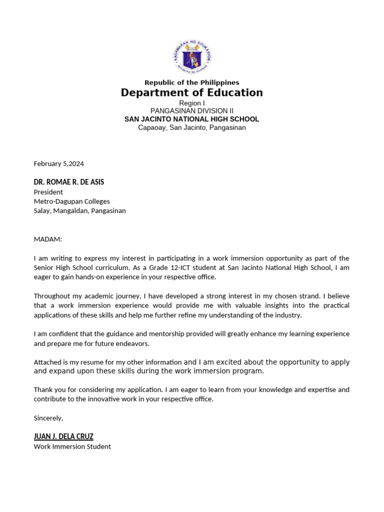 Application Letter Immersion | PDF