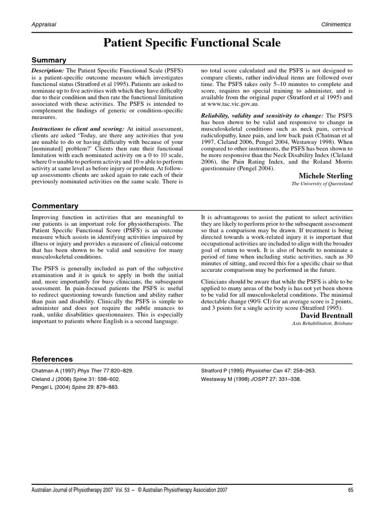 Patient Specific Functional Scale Overview | PDF | Medical Specialties ...