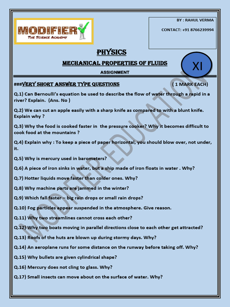 Mechanical Properties of Fluids Assignment Class 11 Physics | PDF | Pressure | Drop (Liquid)