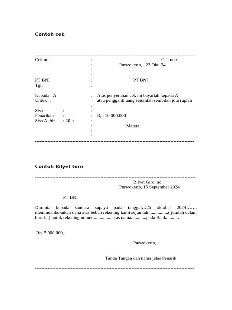 Contoh Cek dan Bilyet Giro | PDF