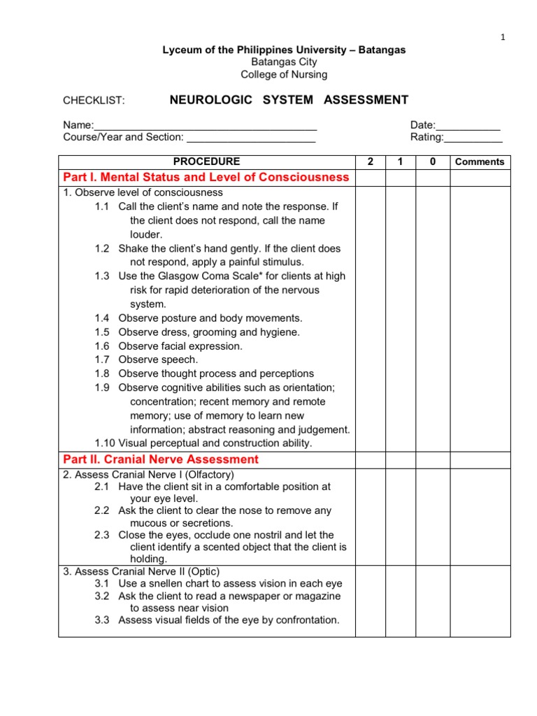 Checklist Neurologic Assessment | PDF | Foot | Hand