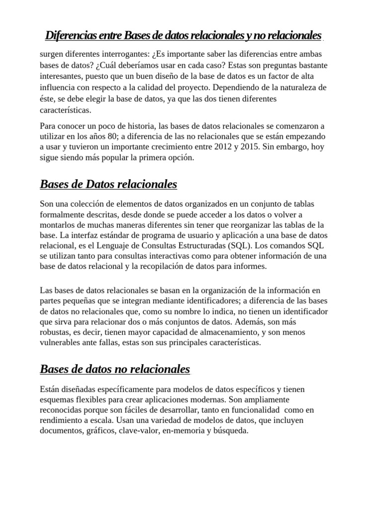 Diferencias entre Bases de datos relacionales y no relacionales | PDF ... Diferencias entre Bases de datos relacionales y no relacionales | PDF ...