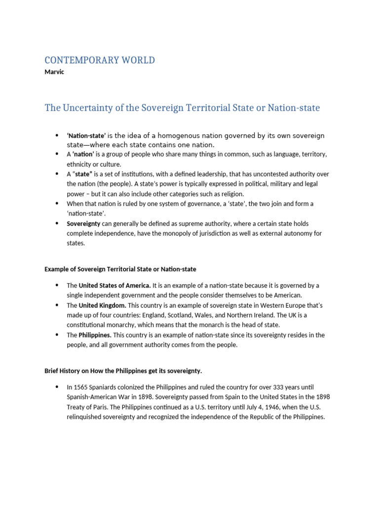 MARVIC-CONTEMPORARY-WORLD-REPORT | PDF | State (Polity) | Sovereignty