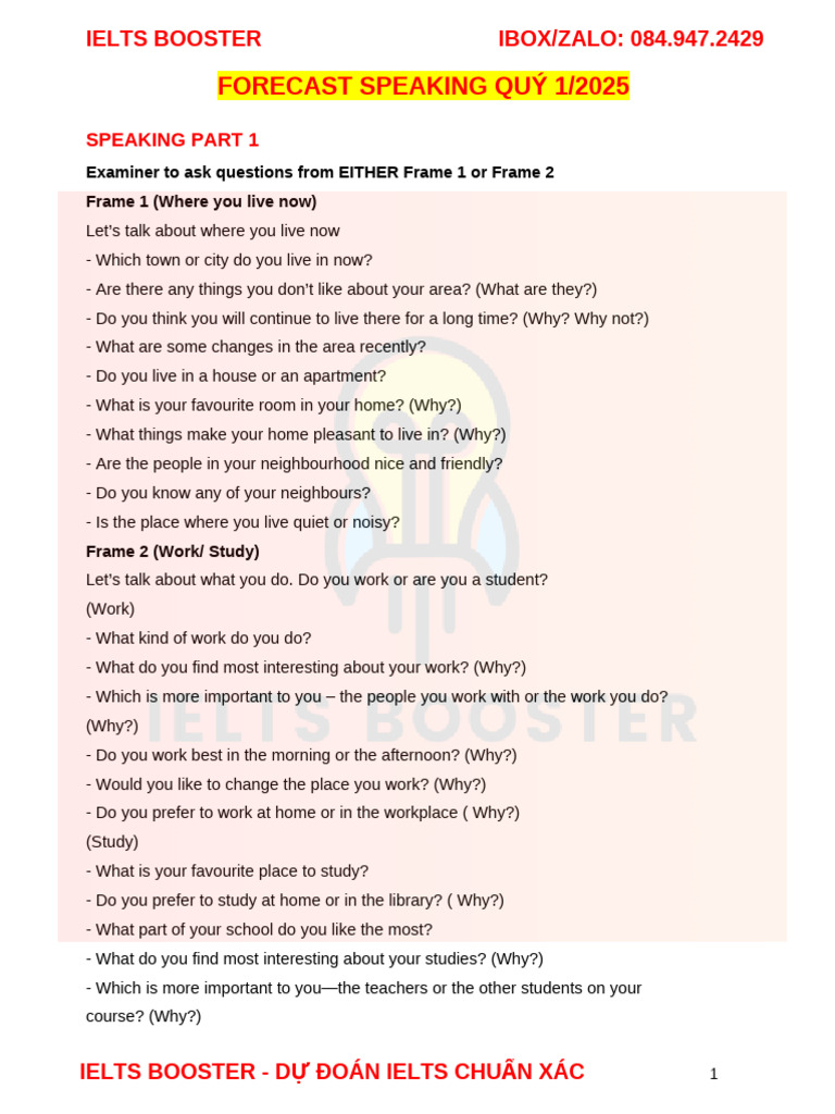 Forecast Speaking Quý 1 - 2025 (Ielts Booster) | PDF | Laughter | Dream