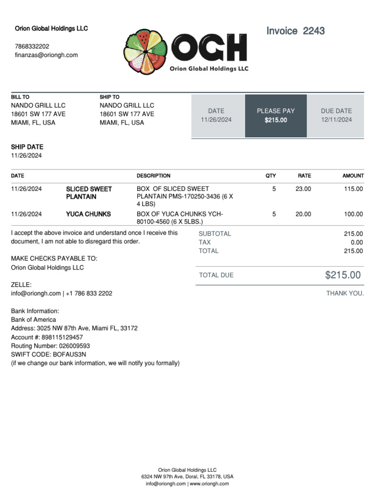Invoice for Nando Grill LLC - Orion Global | PDF