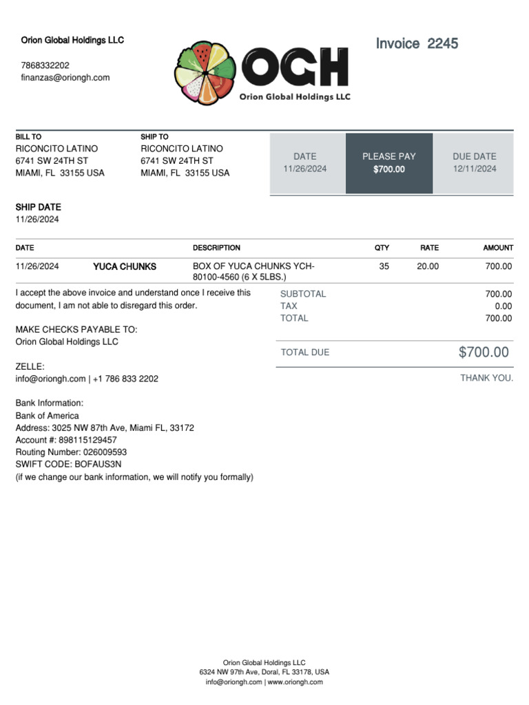 Invoice for Riconcito Latino - $700.00 | PDF