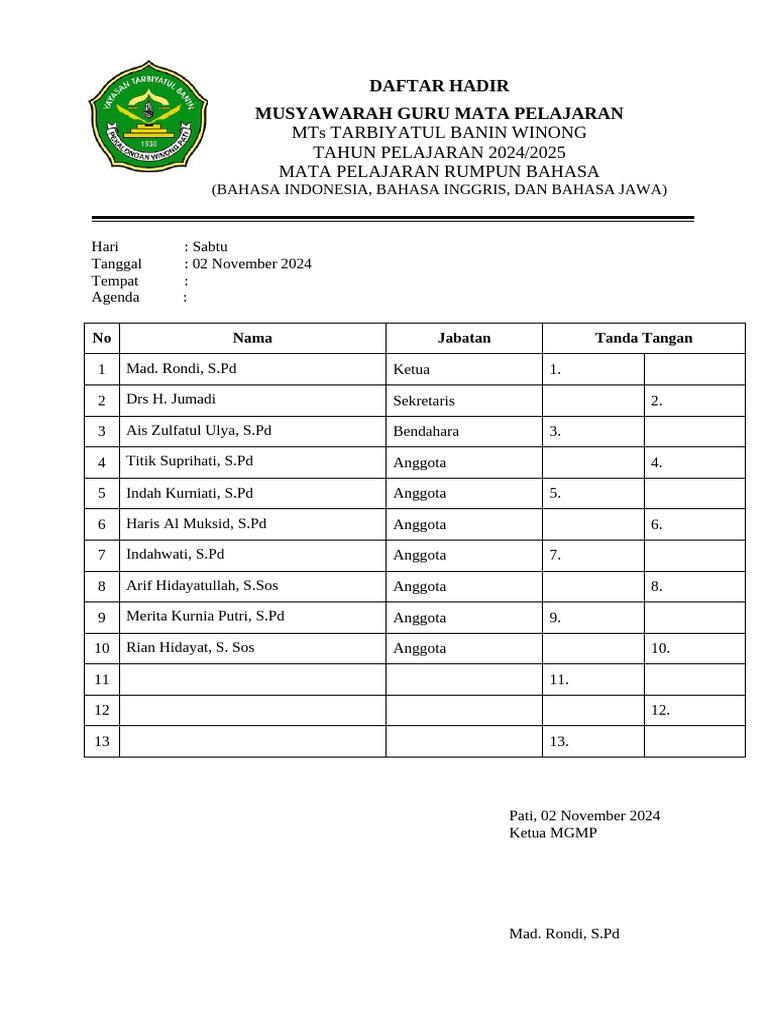 Daftar Hadir MGMP | PDF