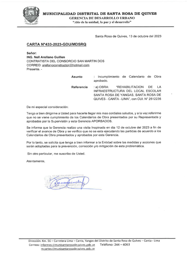Carta #433-2023-GDU Incumplimiento Calendario | PDF