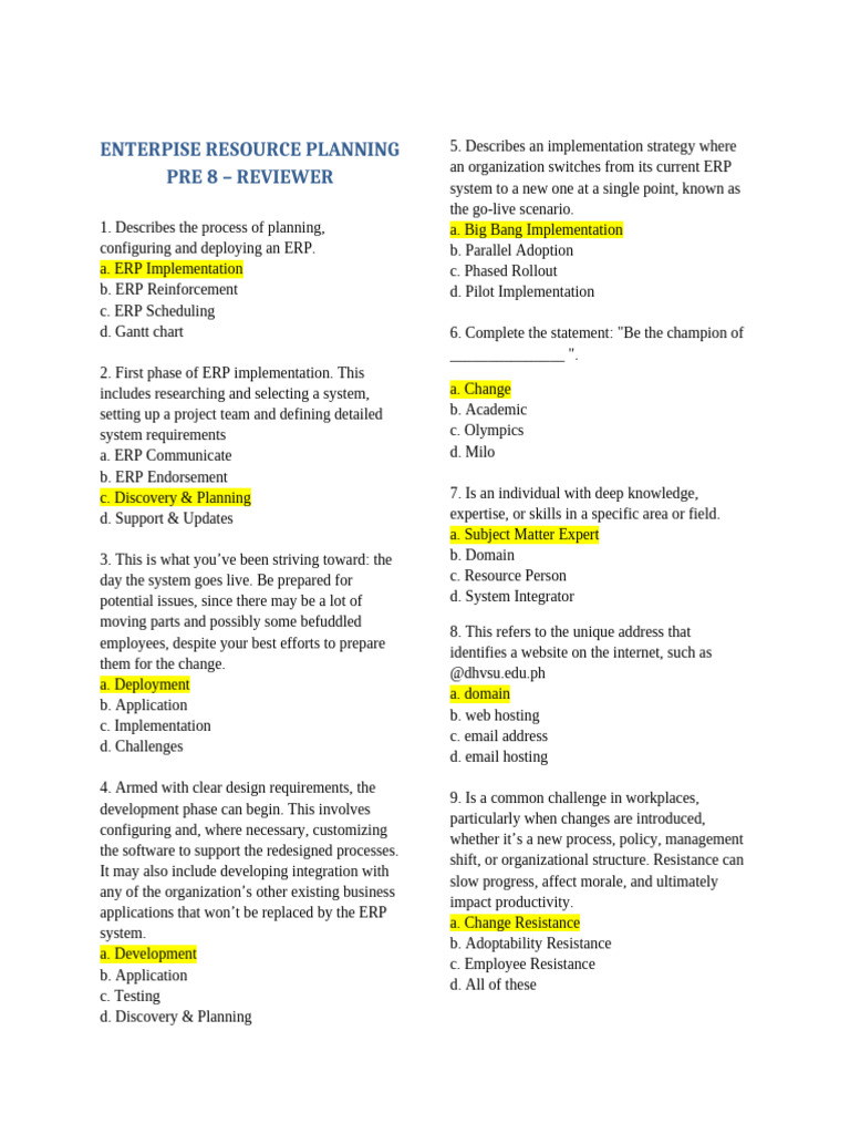 Enterpise Resource Planning Pre 8 Reviewer | PDF | Enterprise Resource ...