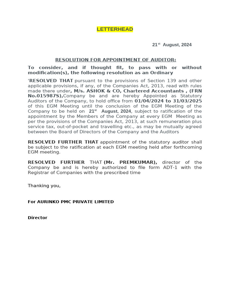 Auditor Appointment Resolution 2024 | PDF