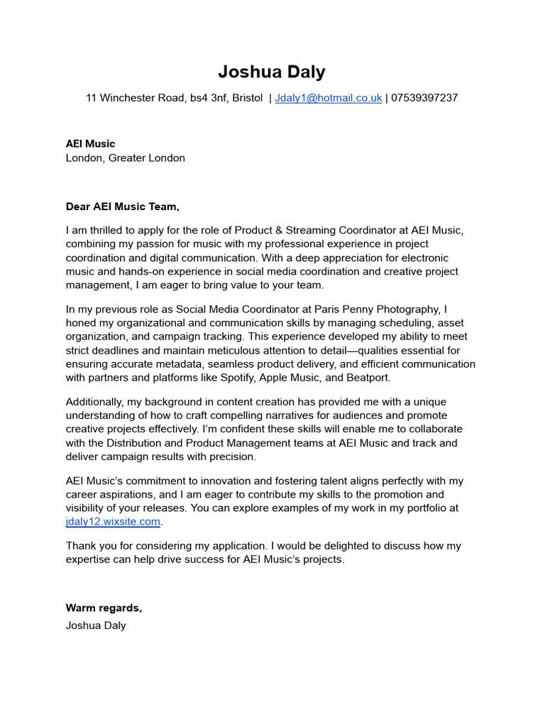 AEI Music Product & Streaming Coordinator - Cover Letter | PDF