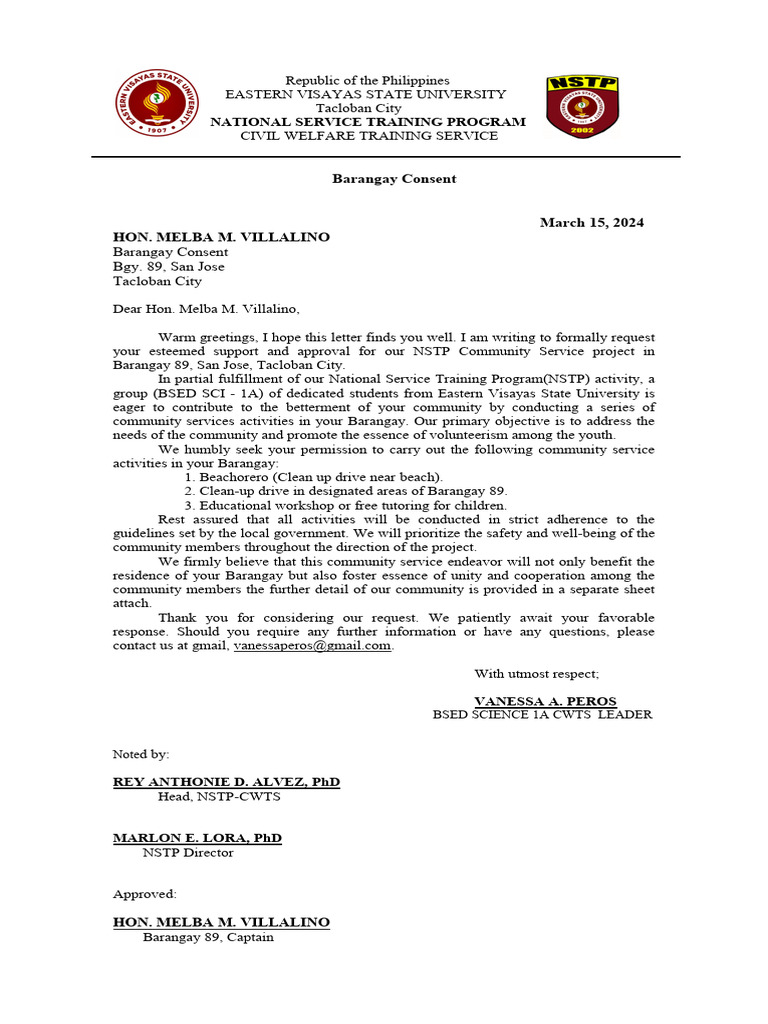 NSTP LETTER FOR BARNGAY 2024 BSED SCI 1-A | PDF