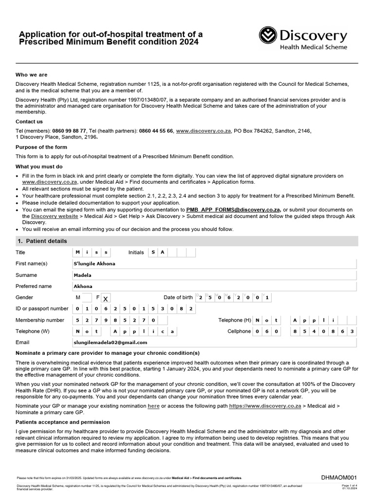 PMB Out-of-Hospital Treatment Form | PDF | Psychotherapy | Informed Consent
