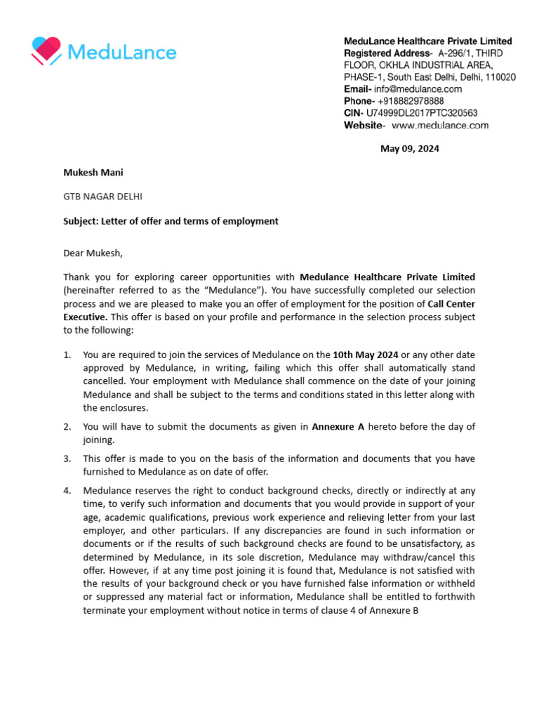 Offer Letter - Medulance - Mukesh Mani | PDF | Confidentiality | Breach ...