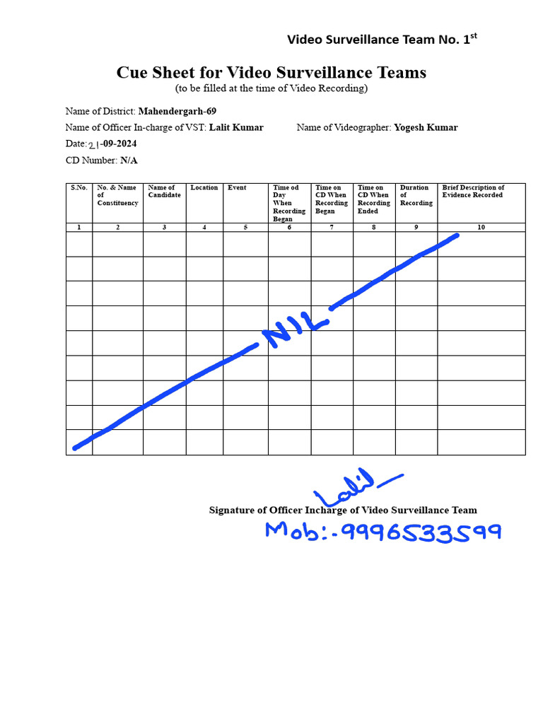 Video Surveillance Cue Sheet Template | PDF