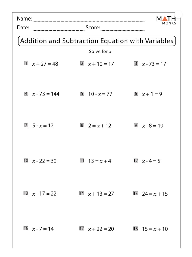 Addition-and-Subtraction-Equations-with-Variables-Worksheets | PDF