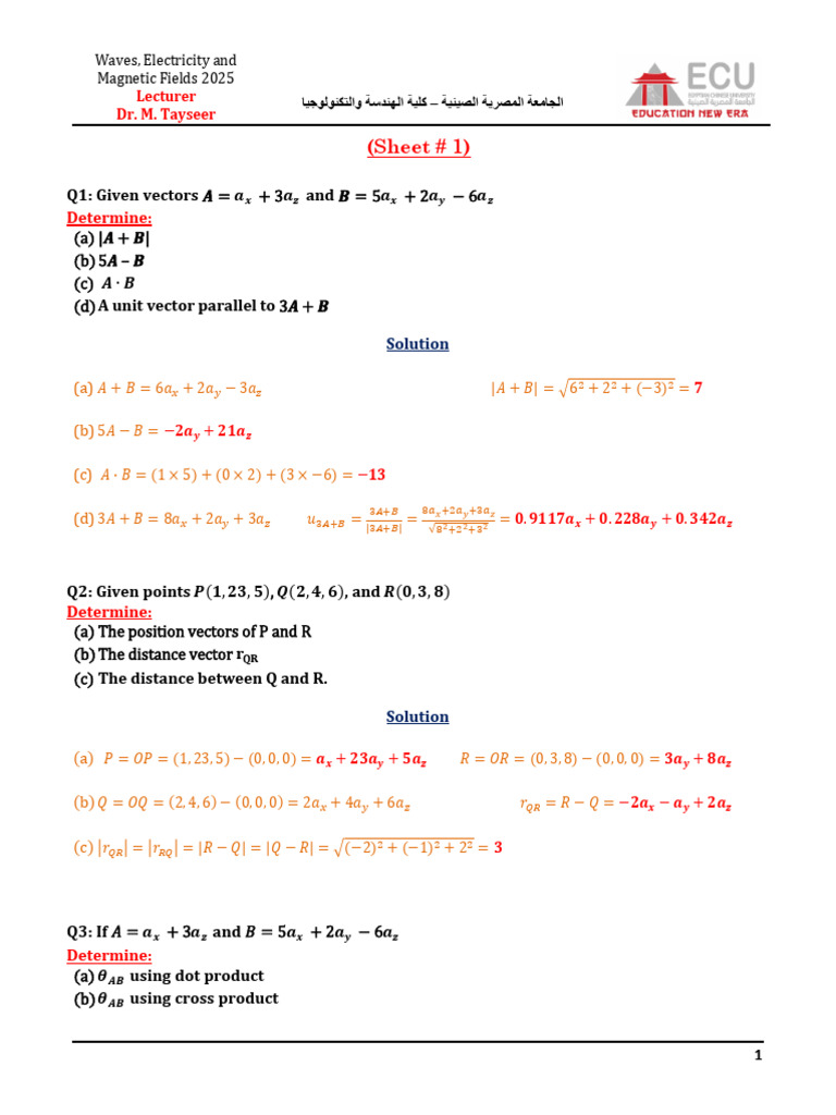 Vector Calculations and Solutions | PDF | Magnetic Field | Electromagnetism