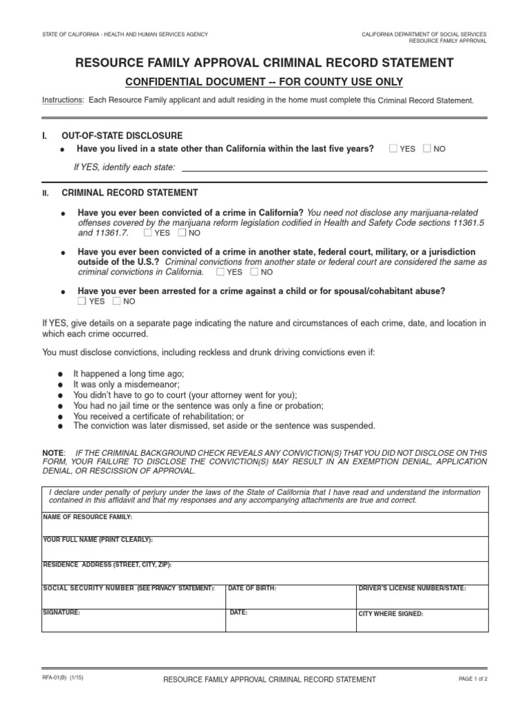 CRS Resource Family Approval Criminal Record Statement | PDF | Criminal ...