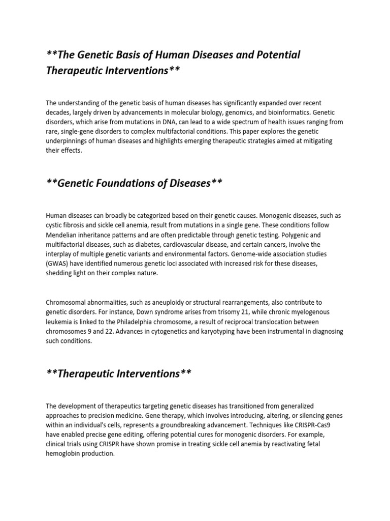 The Genetic Basis of Human Diseases and Potential Therapeutic ...