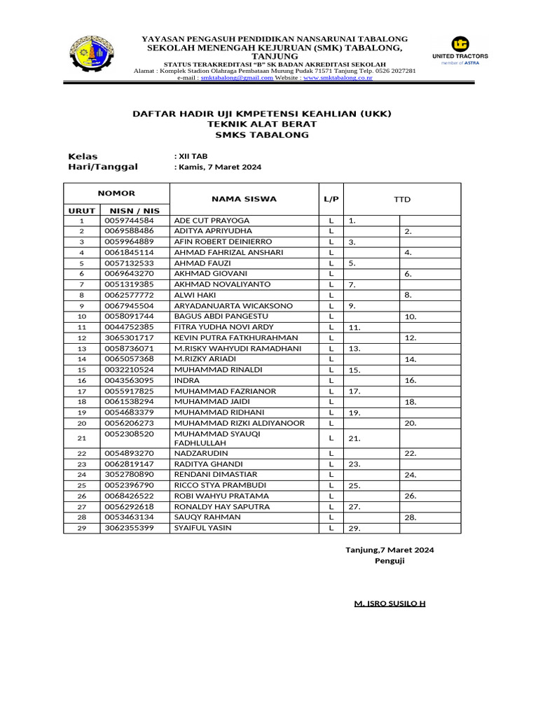 Daftar Hadir Ukk 2024 | PDF