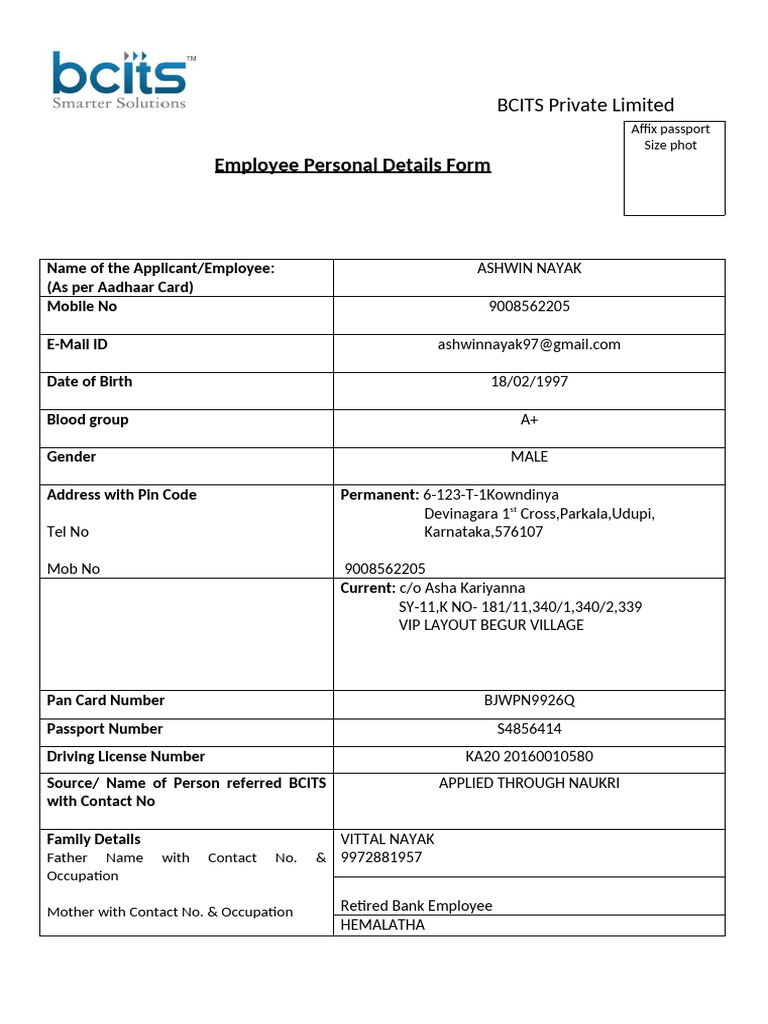 Employee Onboarding Form-Ashwin | PDF | Government And Personhood ...
