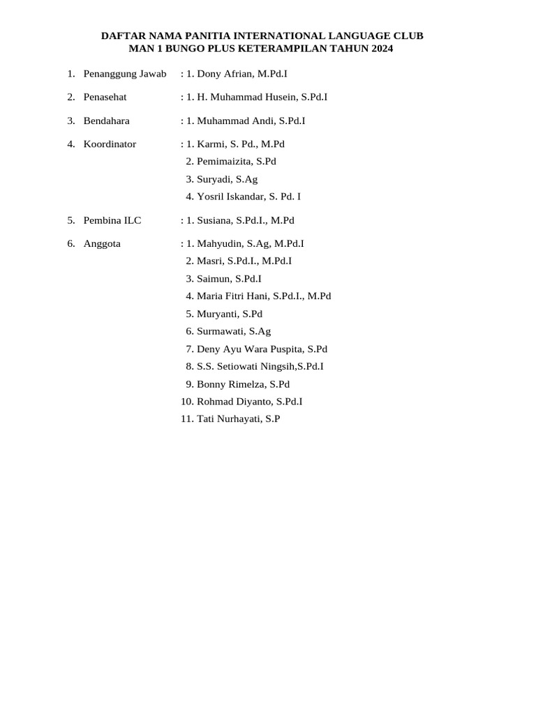 DAFTAR NAMA PANITIA INTERNATIONAL LANGUAGE CLUB | PDF