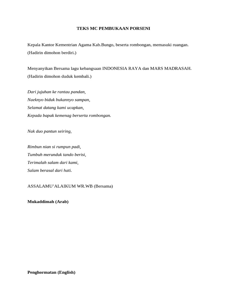 Teks MC Pembukaan Porseni 2024 | PDF