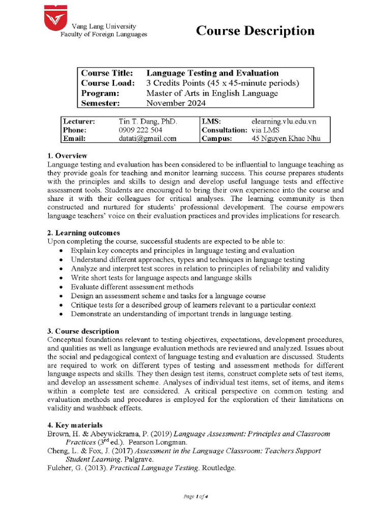 Lang Testing and Eval VLU 2024 Print | PDF