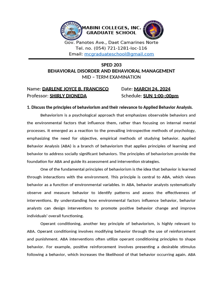 Sped 203 Behavioral Disorder and Behavioral Management Mid - Term ...