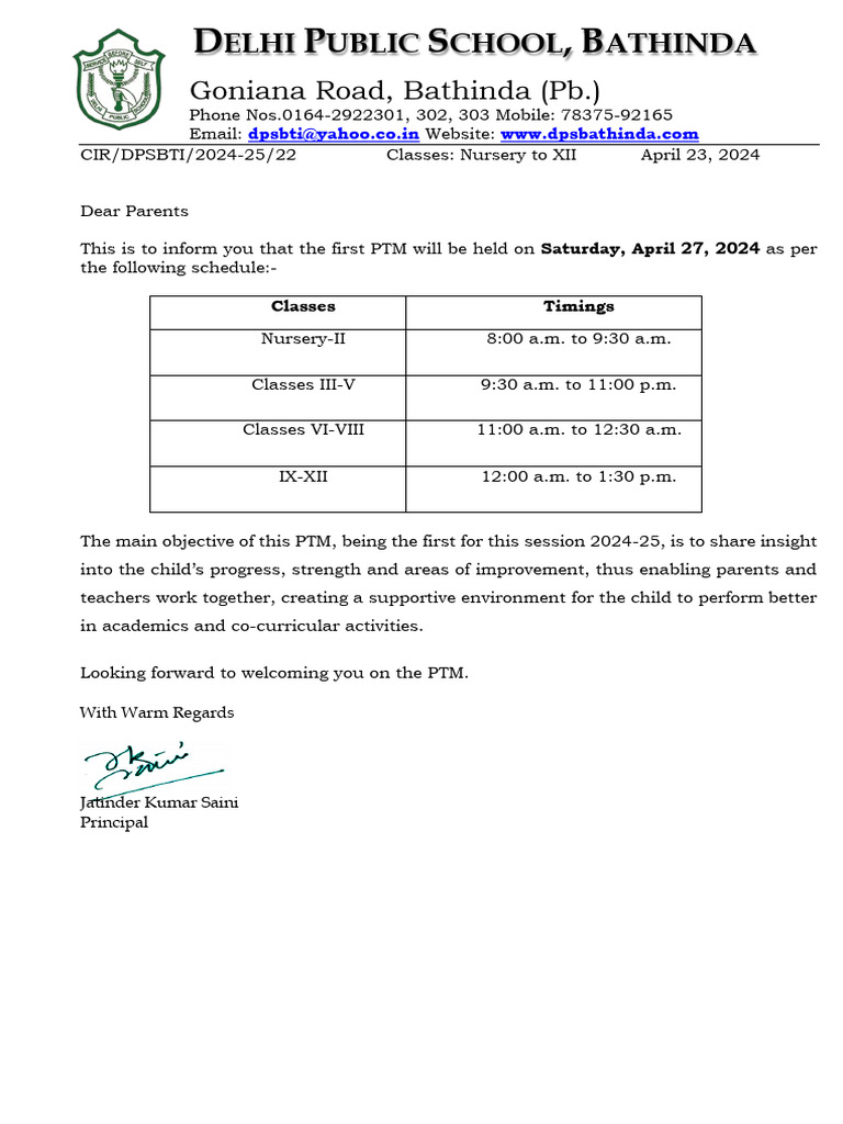 PTM - Schedule-27th April 2024 | PDF